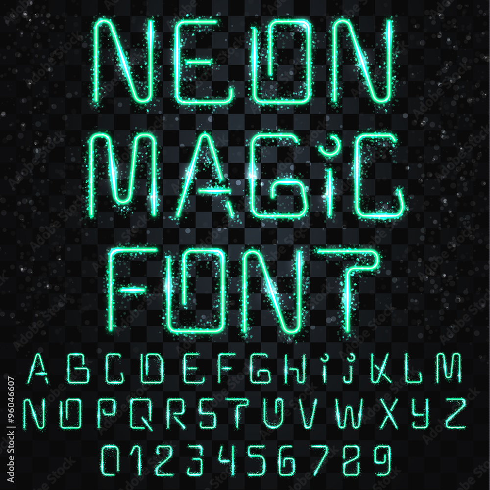 Font magic. Bright, shiny font. Electric letters, numbers, light ...
