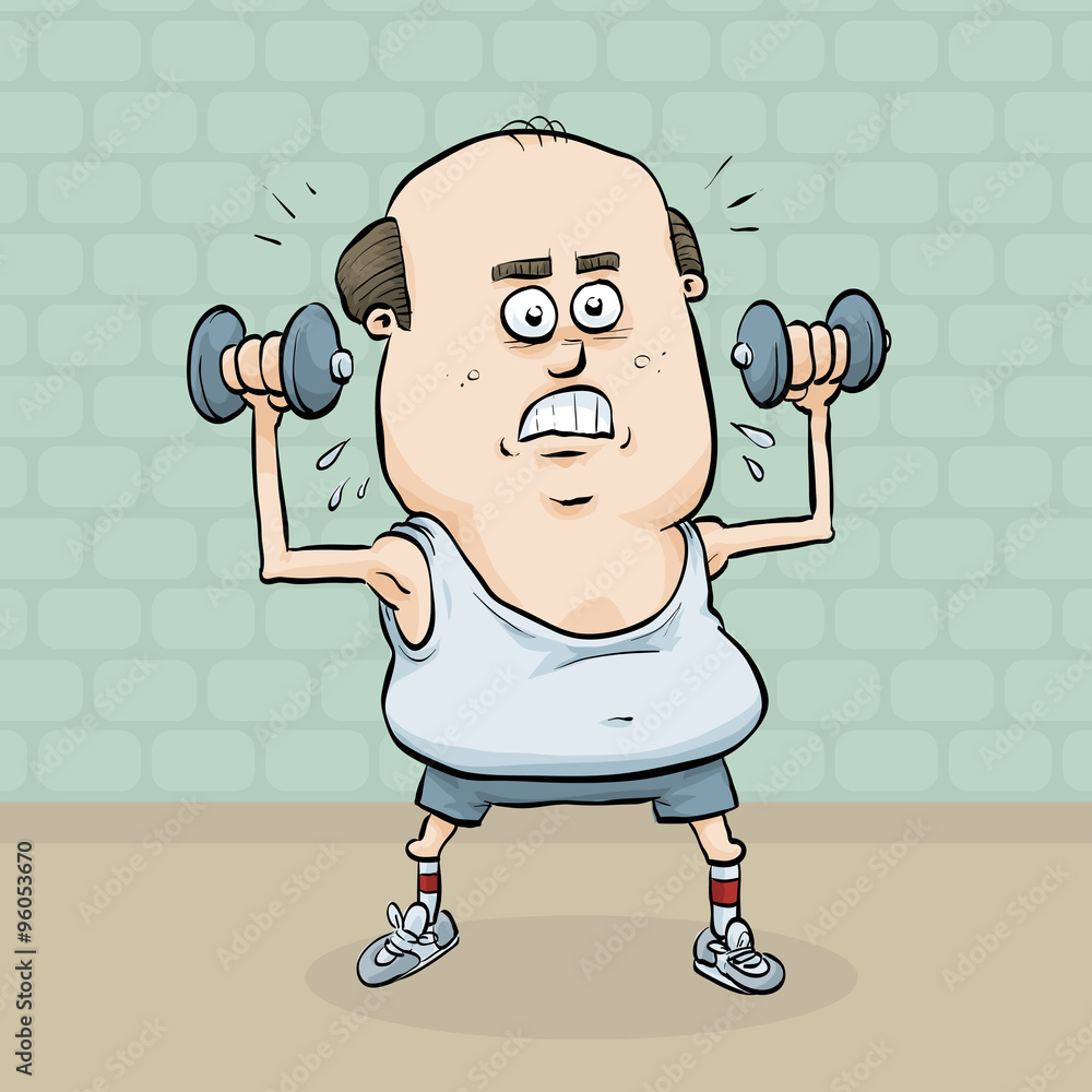 A cartoon of an out-of-shape, middle-aged man working out with weights ...