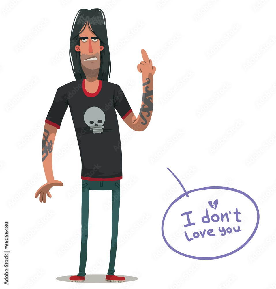 Vector cartoon image of angry man with tattoos with long black hair ...