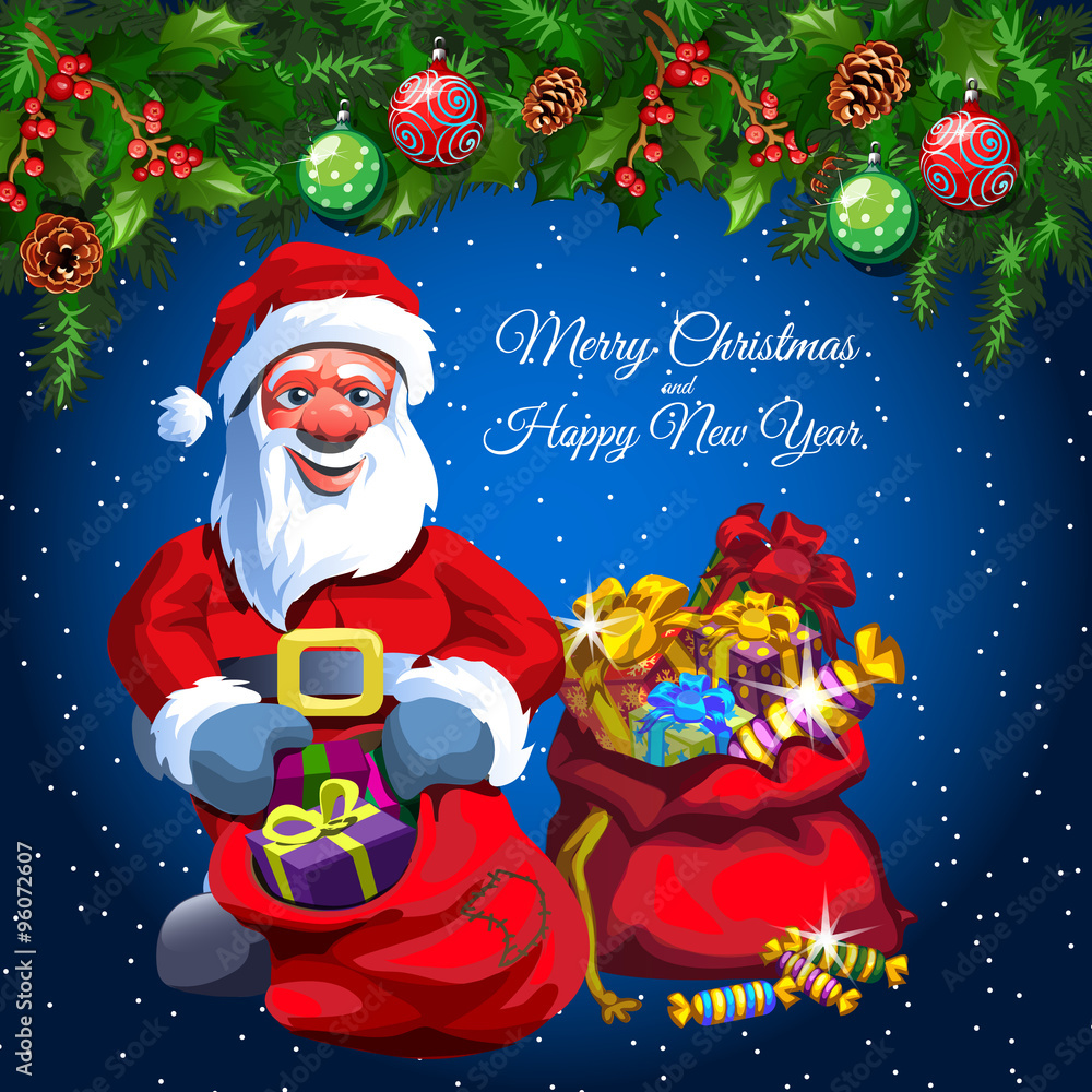 Greeting card with Christmas decoration and Santa with two bags of ...