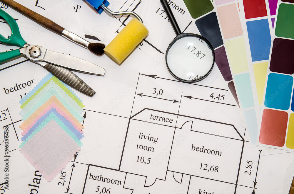 architectural plan of the house, color palette, furniture and fabric ...