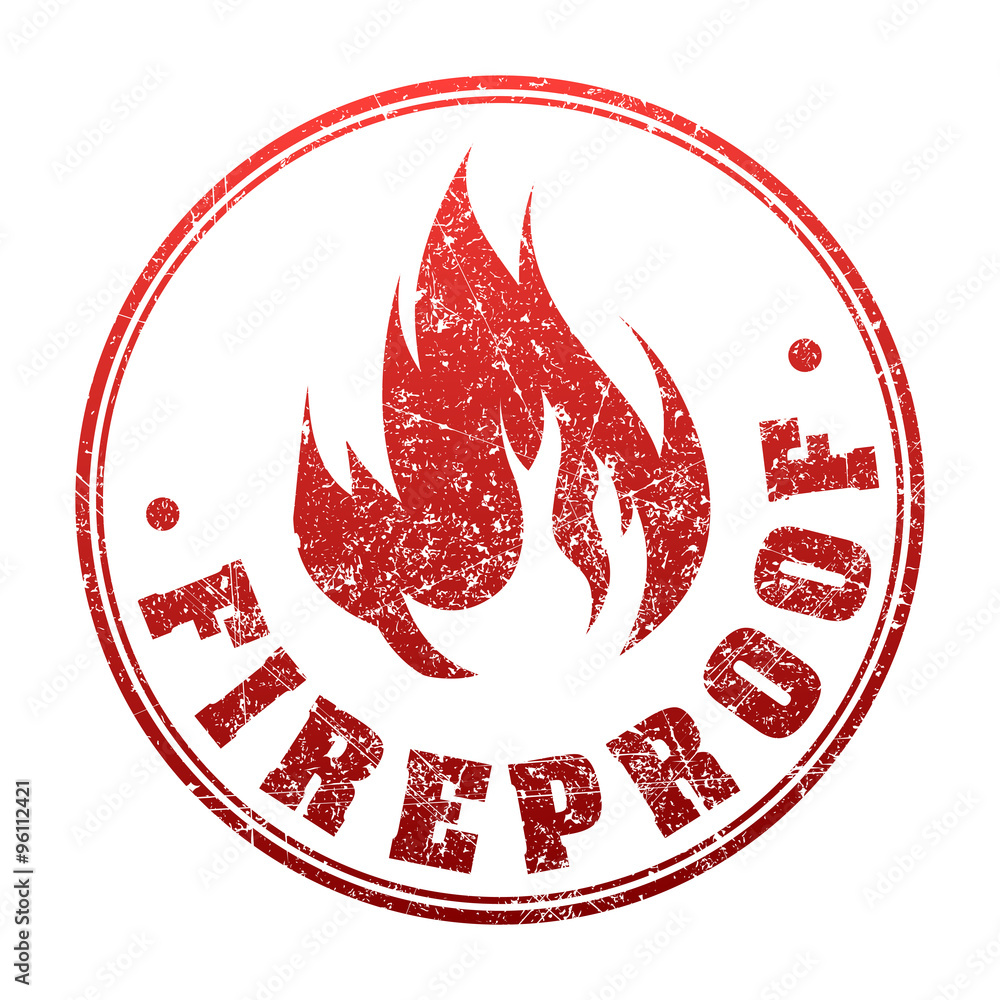 Abstract red grunge rubber stamp with caption FIREPROOF and blaz Stock ...