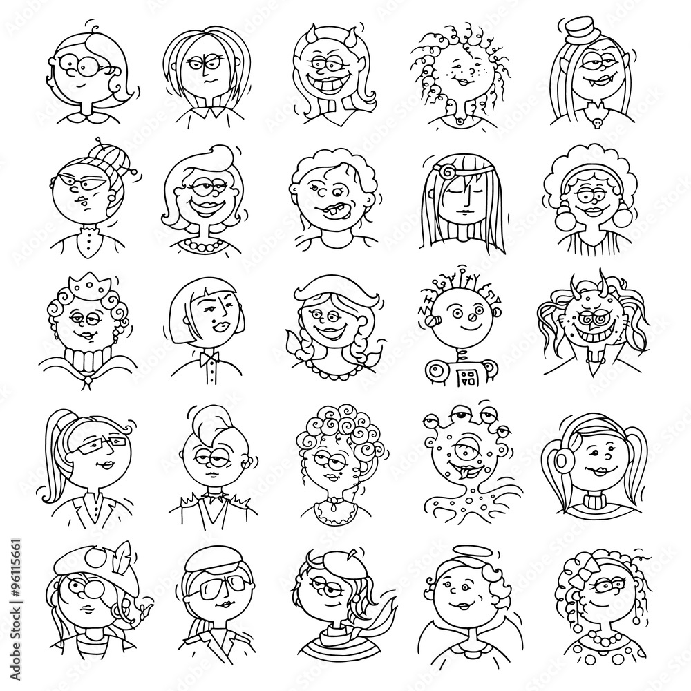 Cartoon funny user avatars in trendy hand drawn doodle style. Set of ...