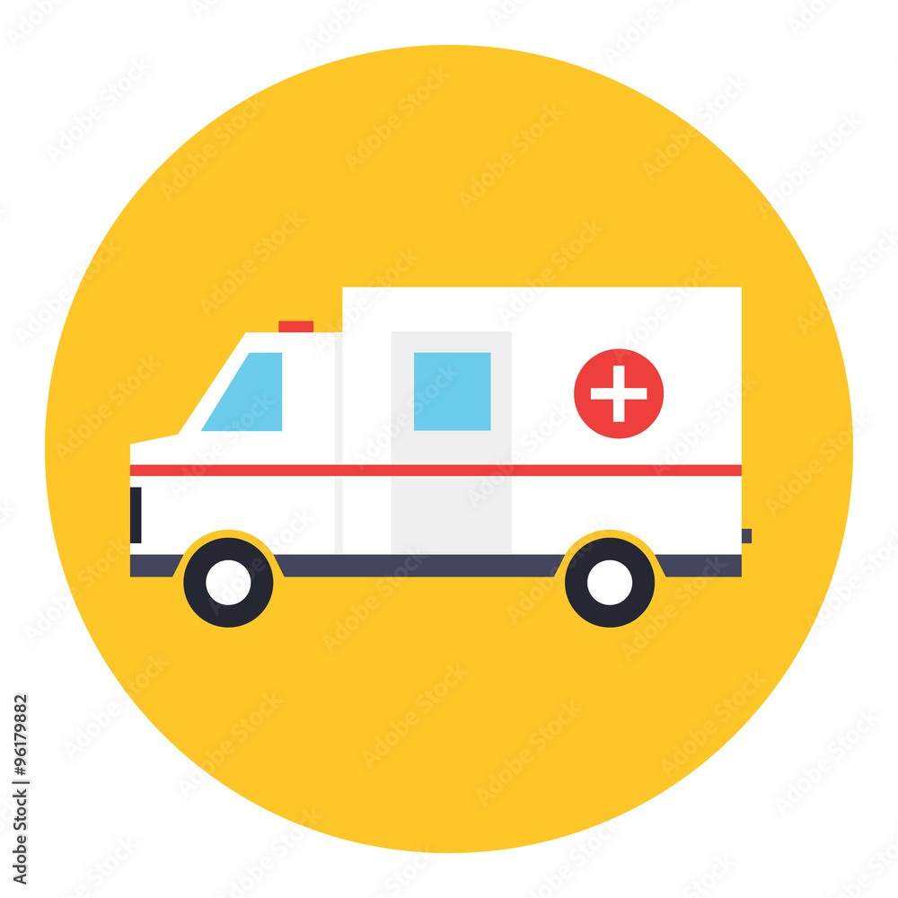 Ambulance car icon. Emergency medical service bus. Cartoon style ambulance car icon. First aid ...