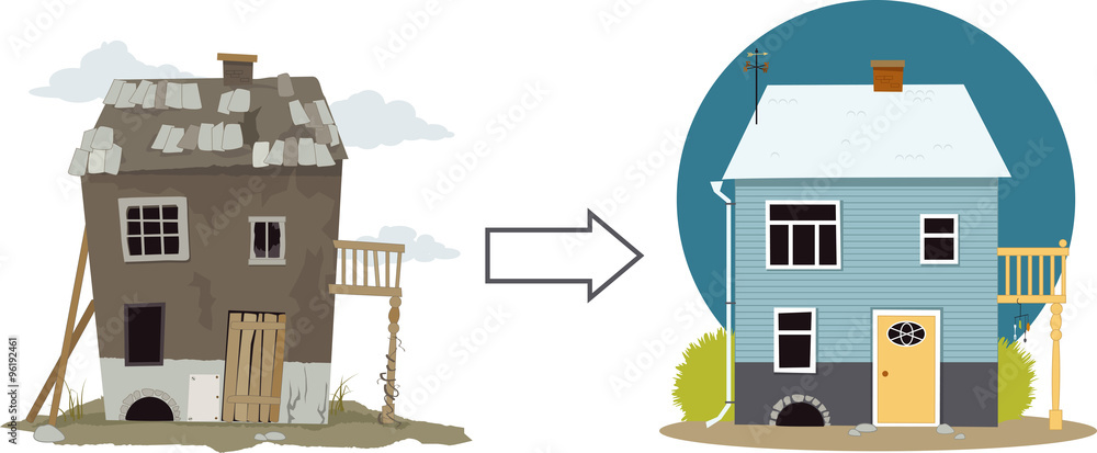 Rundown derelict house turned into a cute cottage, EPS 8 vector ...