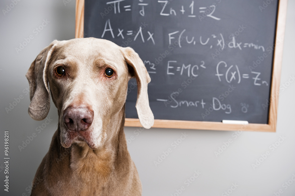 cute dog in front of a chalkboard board has math equations written on ...