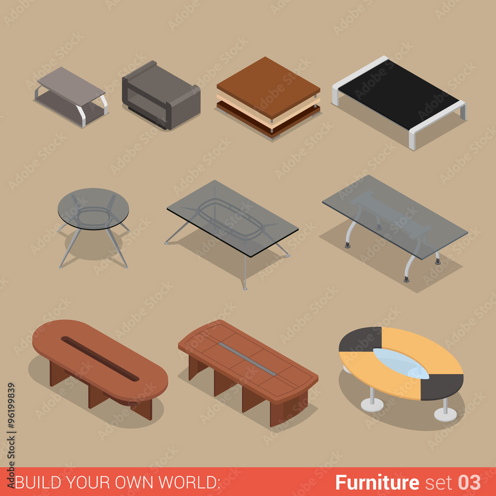 Office table set: flat vector isometric furniture Stock Vector | Adobe ...