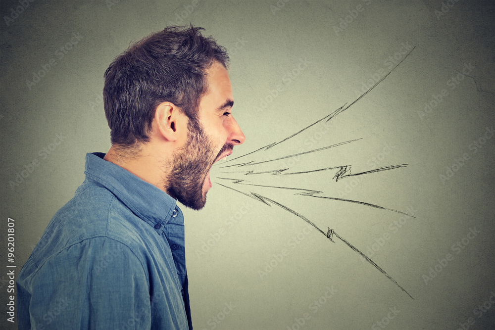 Photo Side profile portrait of young angry man screaming, pathdoc ...