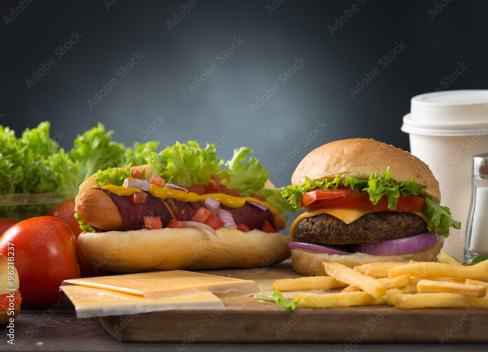 fast food hamburger, hot dog menu with burger, french fries, tom Stock ...