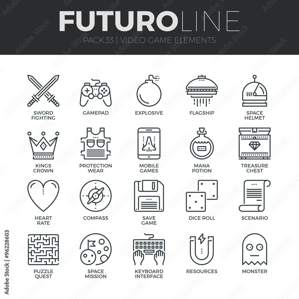 Video Game Elements Futuro Line Icons Set Stock Vector | Adobe Stock