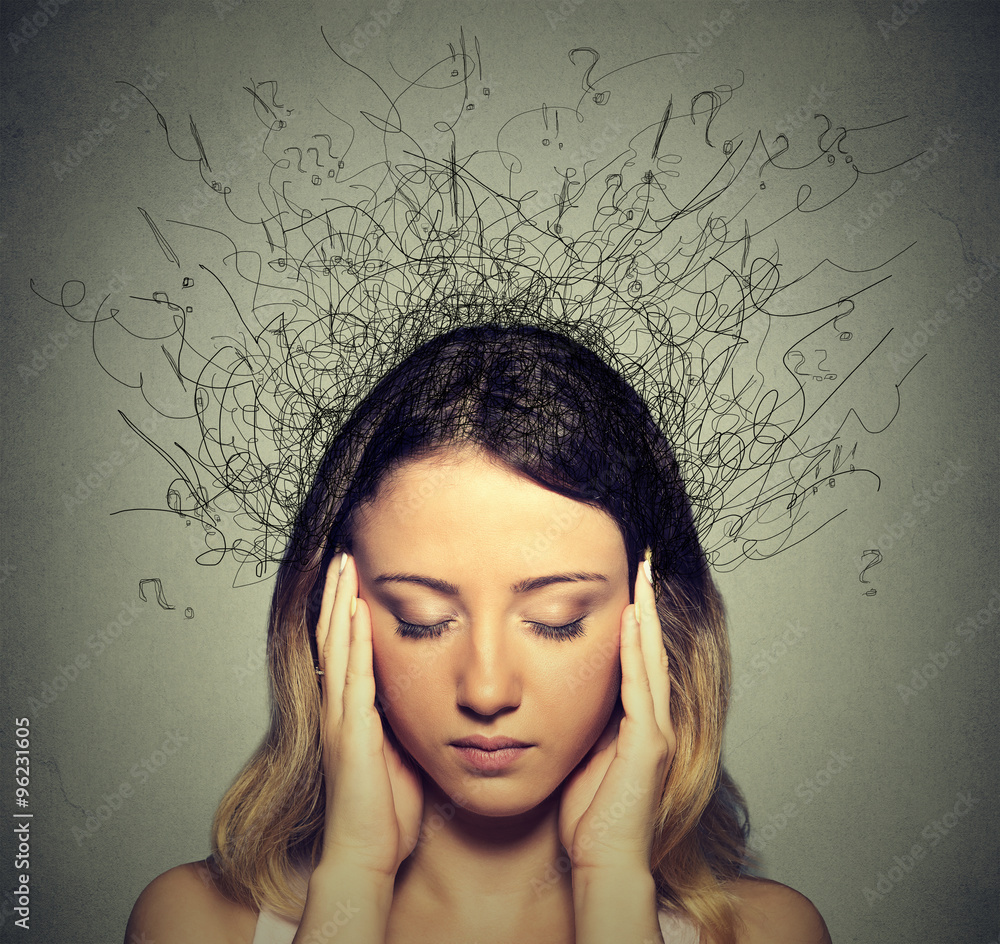 sad young woman with worried stressed face expression and brain melting ...