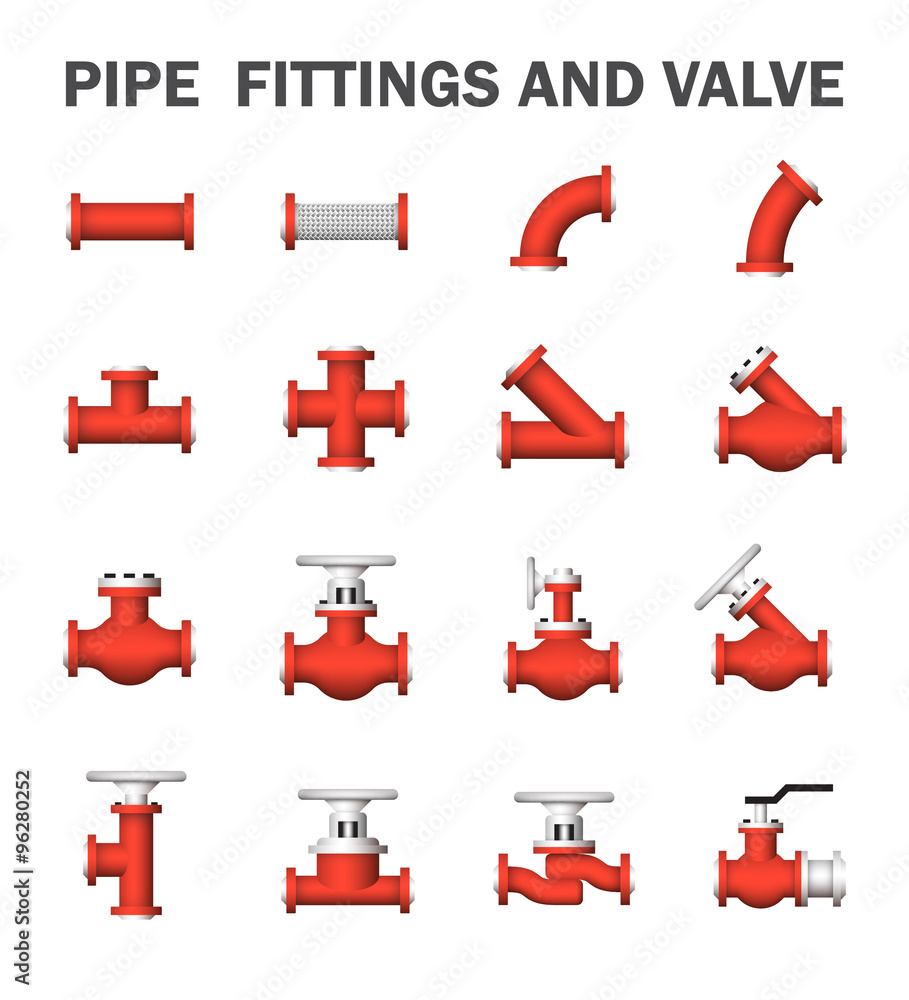 Pipe icon and flange fitting. Include control valve and metal hose or ...