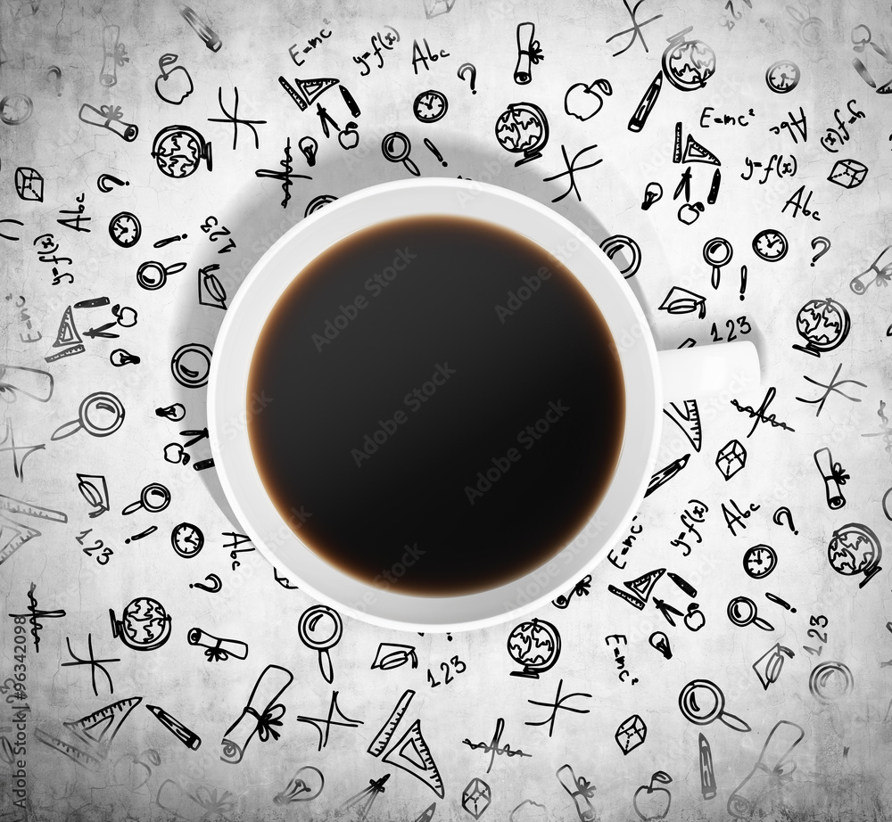 Top view of a cup of coffee and a lot of educational black icons are ...