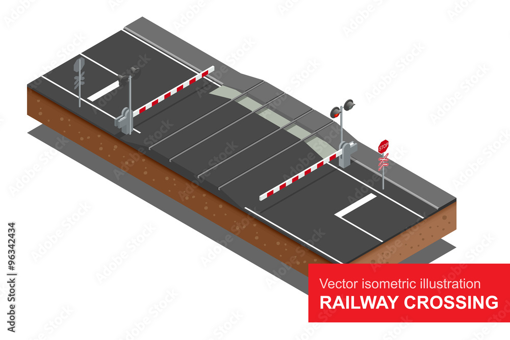 Vector isometric illustration of Railway crossing. A railway level ...