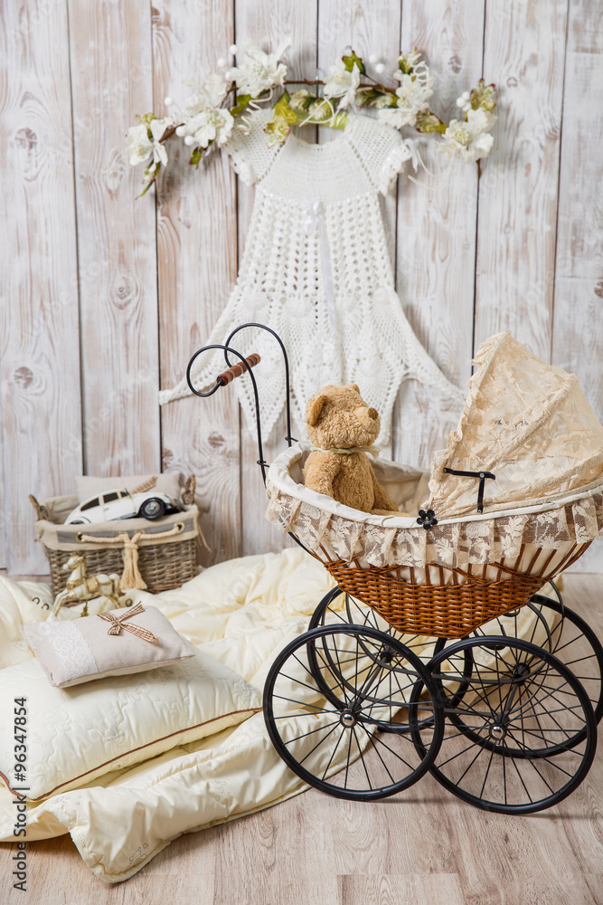 Infant Baby Cradle on Wooden Background Stock Photo | Adobe Stock