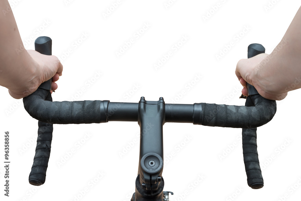 Dynamic view of cyclists arms on a road bike isolated on white Stock ...
