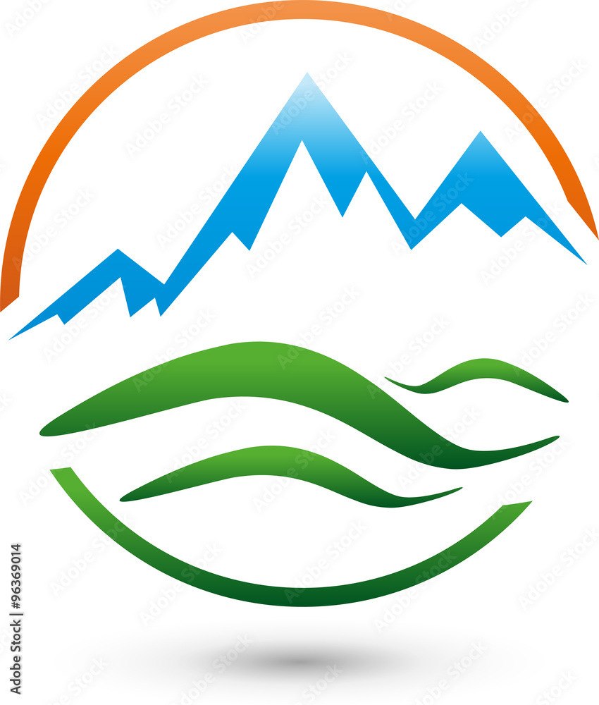 Berge, Sonne und Wiese, Logo, Reisebüro Stock-Vektorgrafik | Adobe Stock