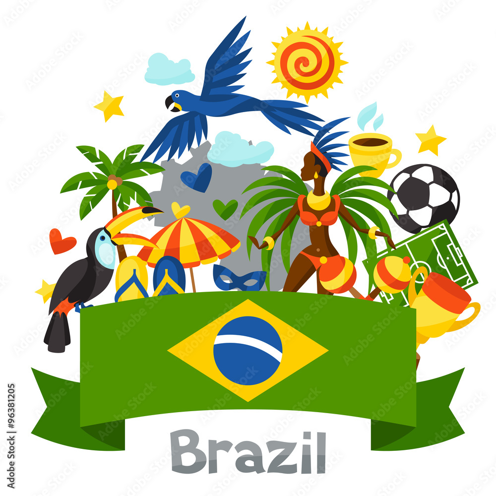 Brazil background with stylized objects and cultural symbols Stock ...