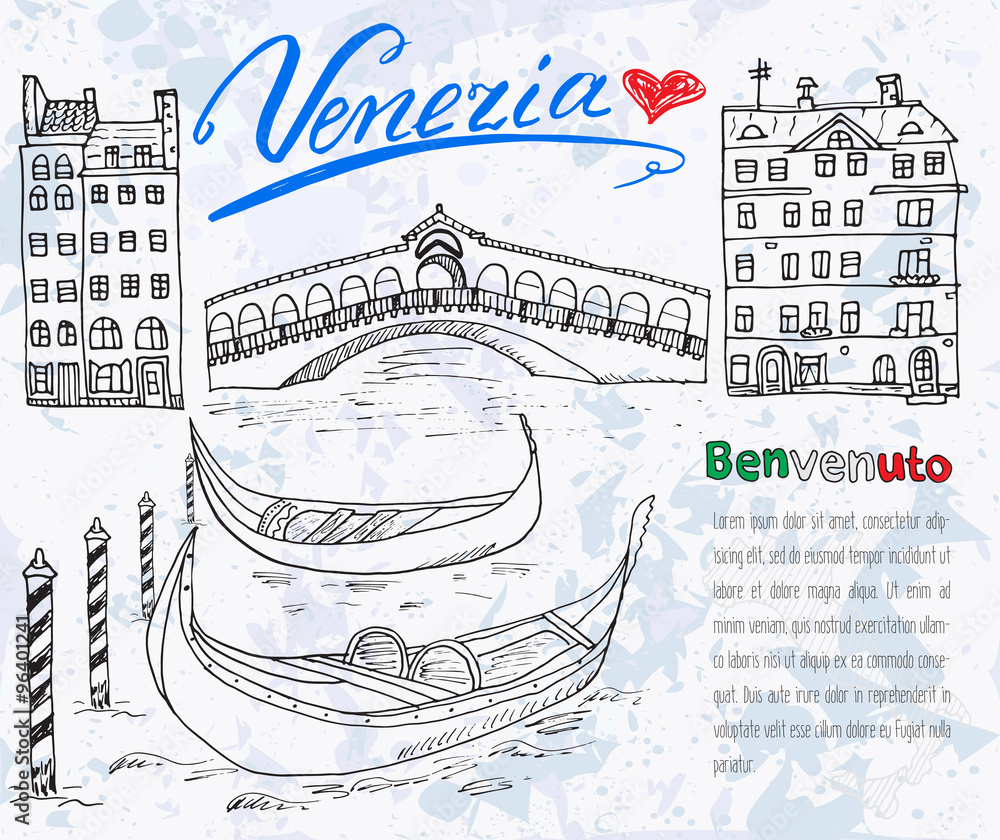 Venice Italy sketch elements. Hand drawn set with flag, map, gondolas ...