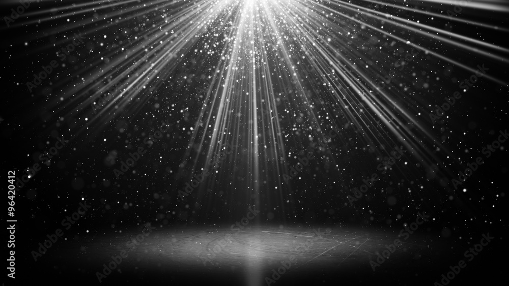 white light beams and particles on black abstarct background Stock ...