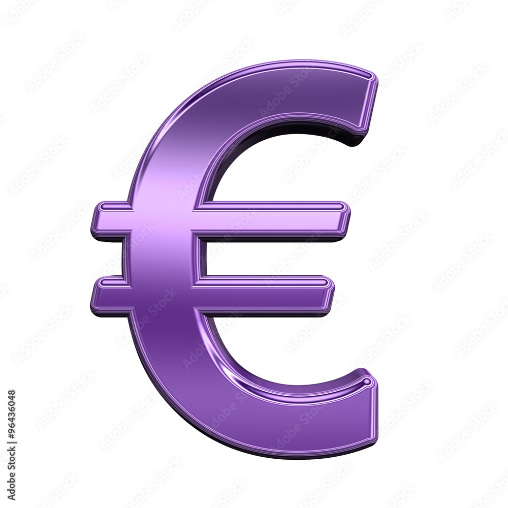 Euro sign from shiny purple alphabet set, isolated on white. Computer ...