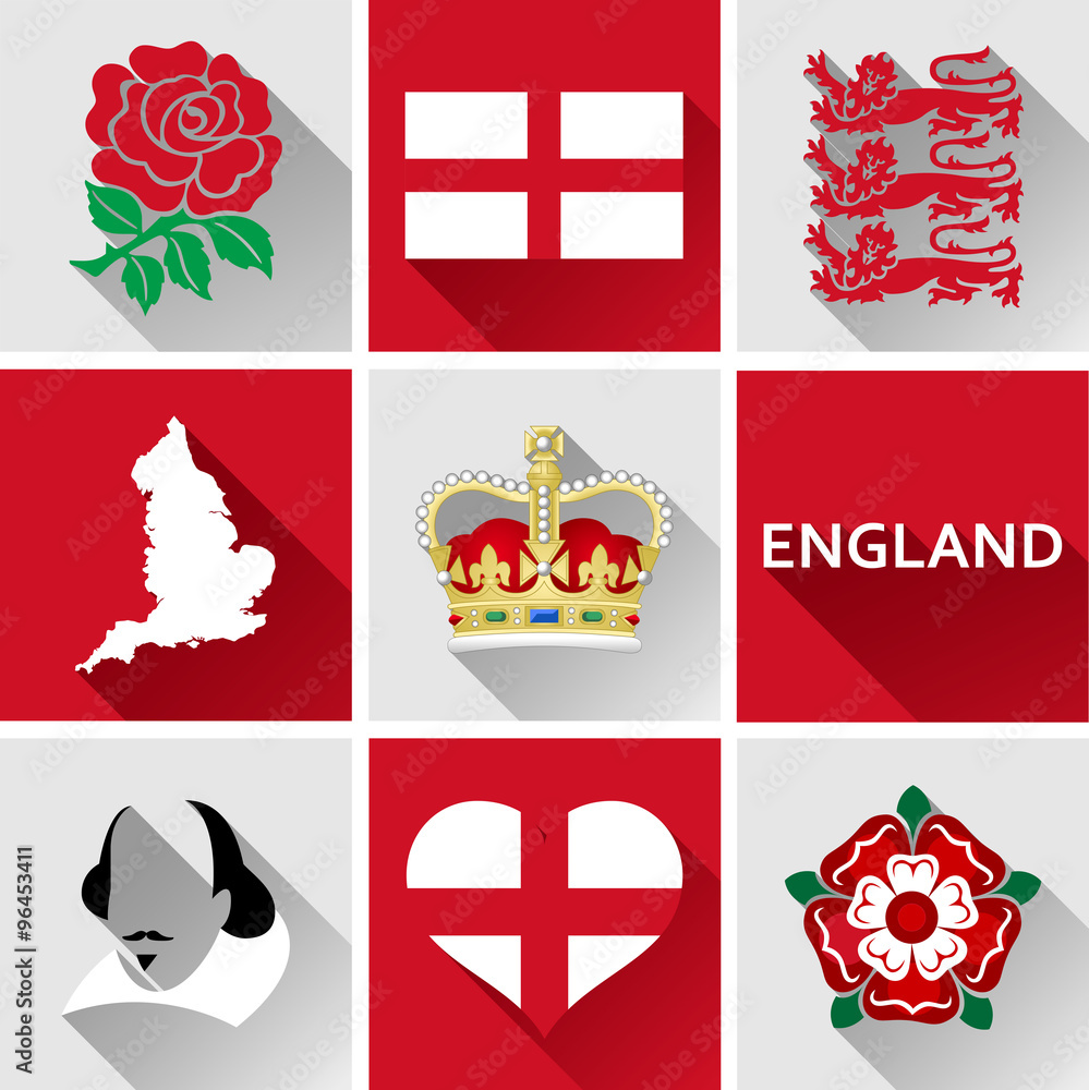 England Flat Icon Set. Set of vector graphic flat icons representing ...