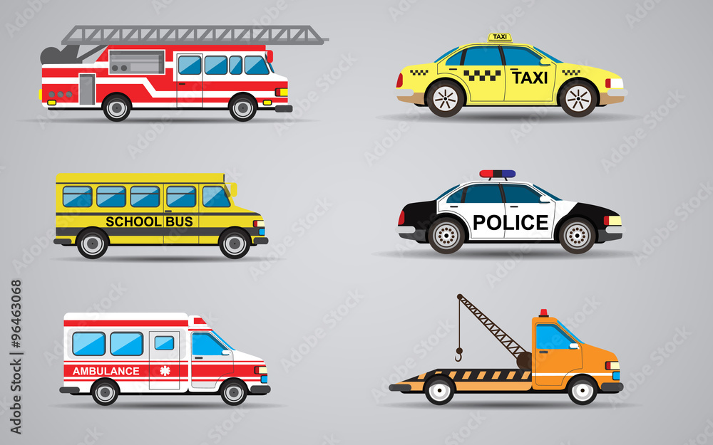 Vector set of the isolated transport icons. Fire truck, ambulance ...