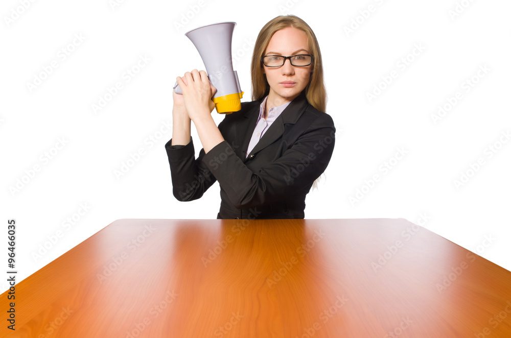 Woman with loudspeaker isolated on white Stock Photo | Adobe Stock