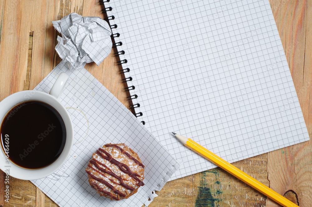 Notepad and coffee with cookie Stock Photo | Adobe Stock