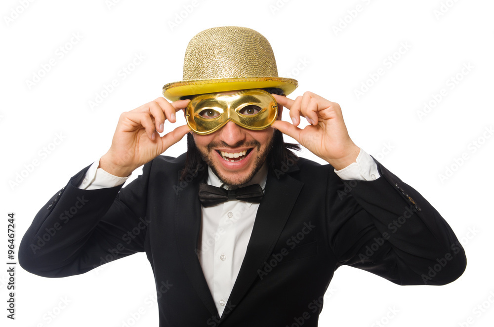 Funny man wearing mask isolated on white Stock Photo | Adobe Stock