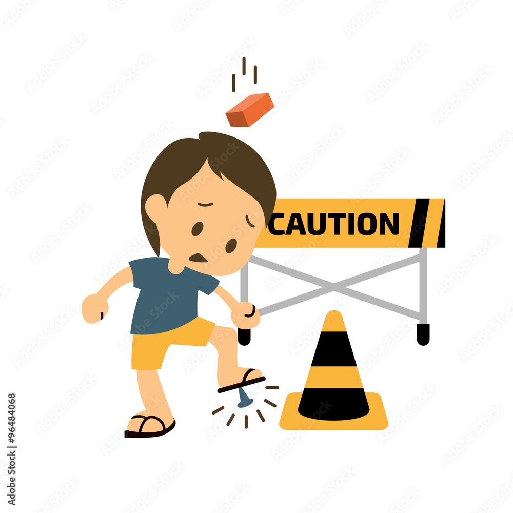 Safety and accident character. Trauma and brick on head, Injuring A ...