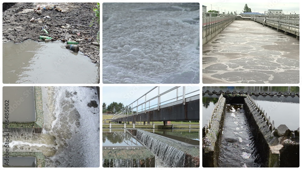 Garbage bottles flow in dirty water. Bubbling scum of dirty sewage ...