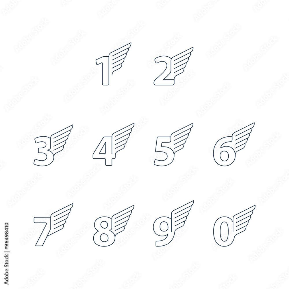 Numbers with wings. Linear design. Can be used for any transportation ...