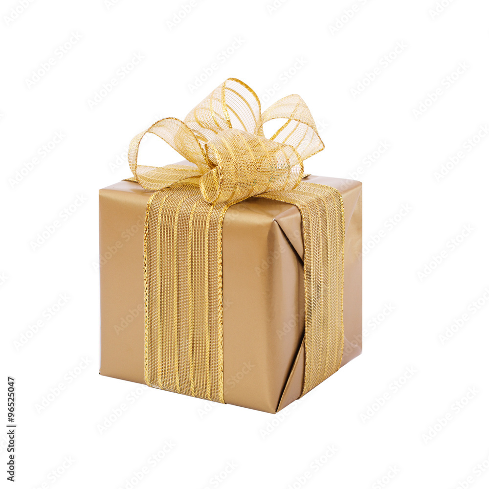 Gold gift box with ribbon and bow. Present. Stock Photo | Adobe Stock
