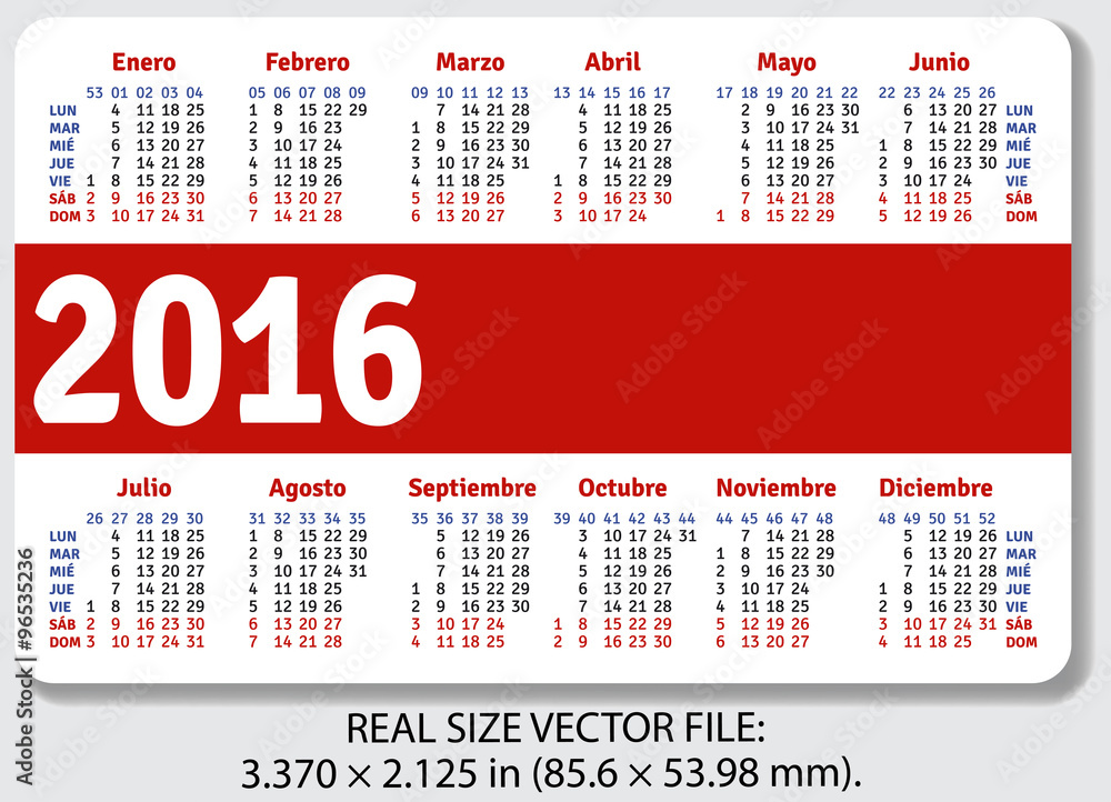 Spanish pocket calendar for 2016, standard size ISO 7810 ID-1, vector ...