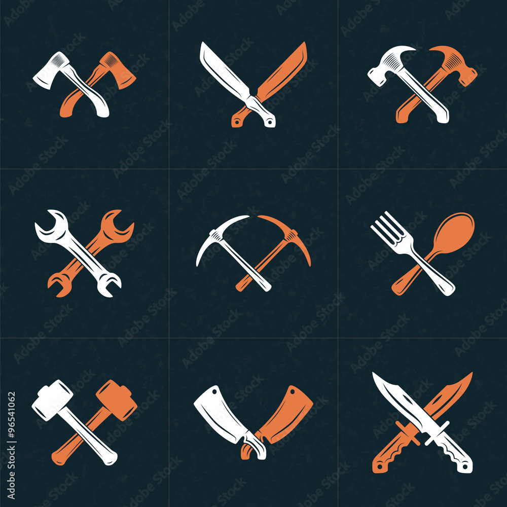 Set of Vector Retro Design Elements for Logotypes. Crossed Tools. Axes ...