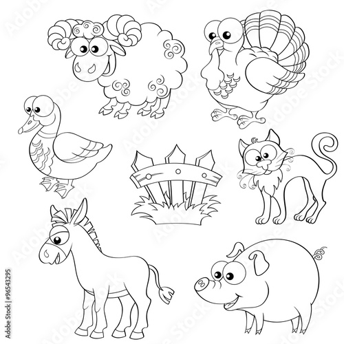 Set of cute cartoon farm animals. Sheep, turkey, duck, cat, donkey, pig ...