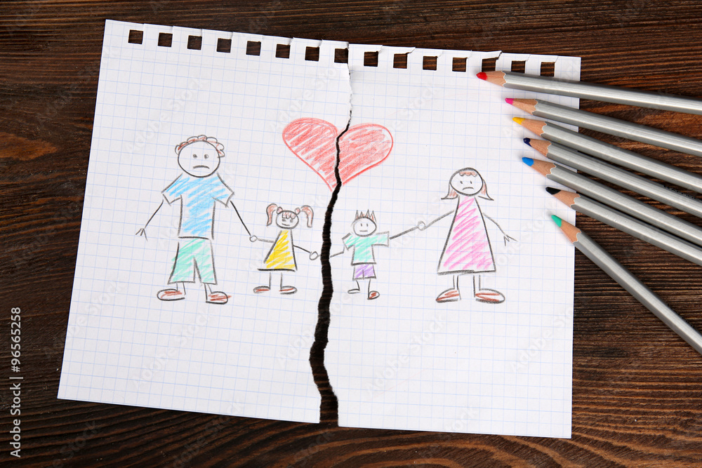 Torn apart drawing of a family on wooden background Stock-Foto | Adobe ...