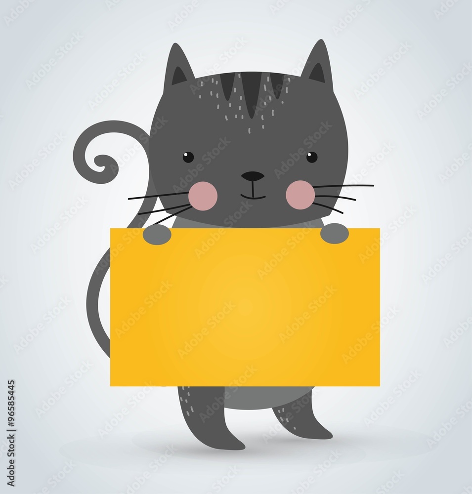 Cat pet animal holding clean welcome yellow board banner vector cartoon ...