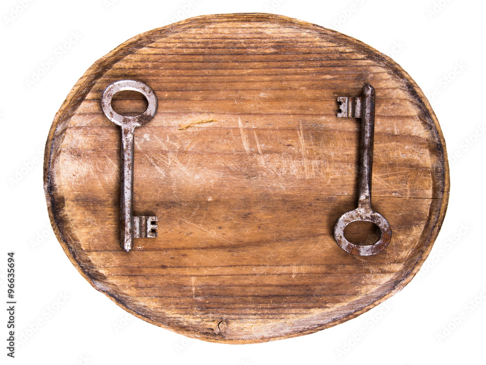 old oval wooden signboard and rusty keys isolated on whit Stock Photo ...