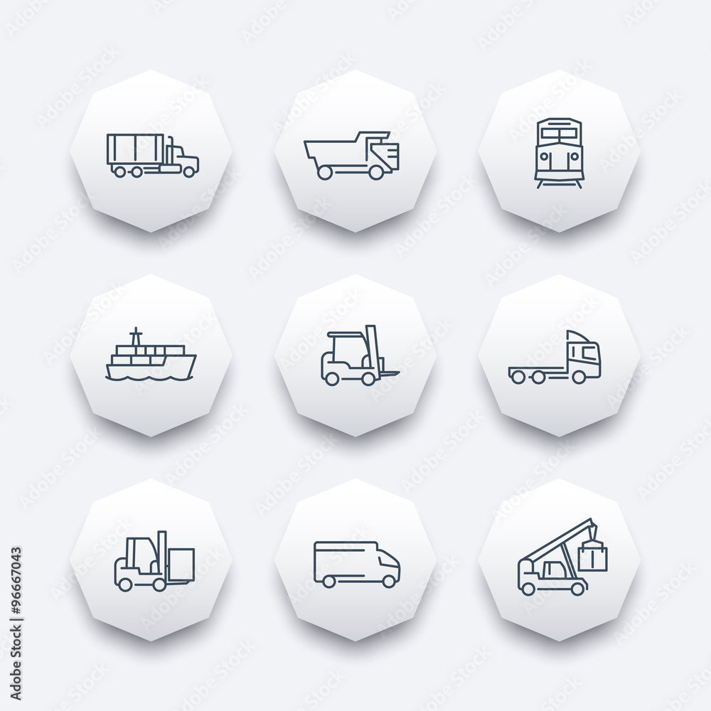 Transportation line octagon icons, Forklift, Cargo ship, Freight train ...