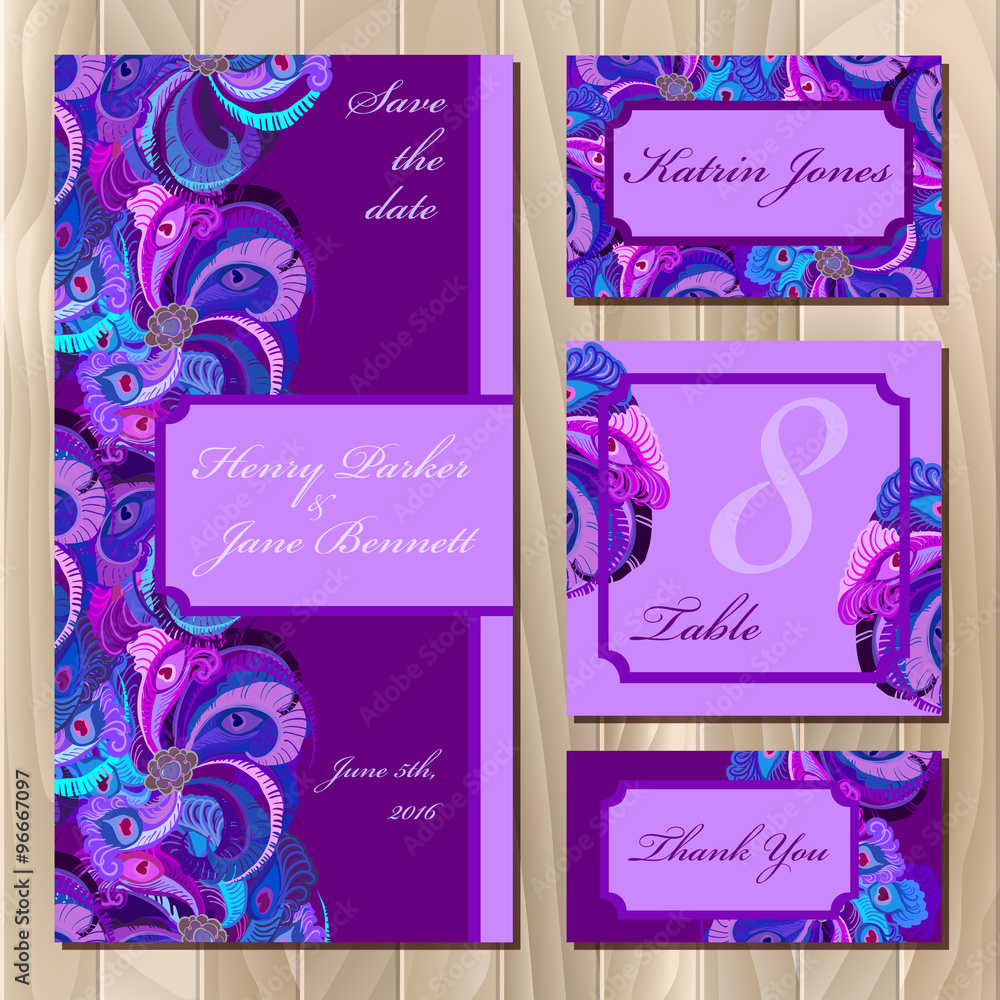 Peacock Feathers Wedding card set. Printable Vector illustration Stock ...