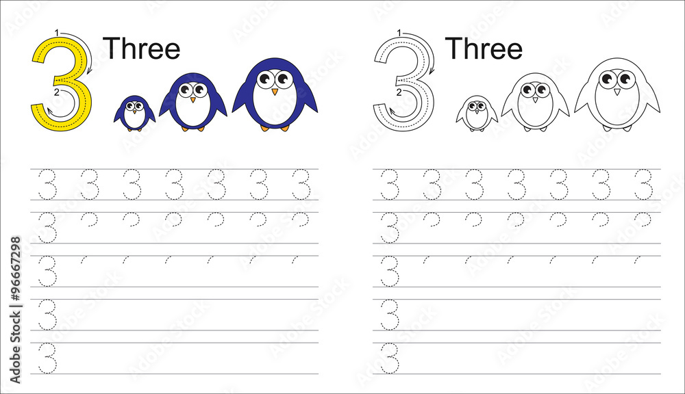 Tracing worksheet for letter 3 Stock Vector | Adobe Stock