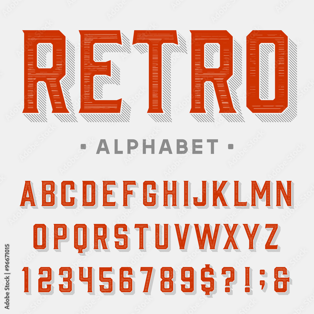 Retro vector font. Letters, numbers and symbols. Vintage alphabet for ...