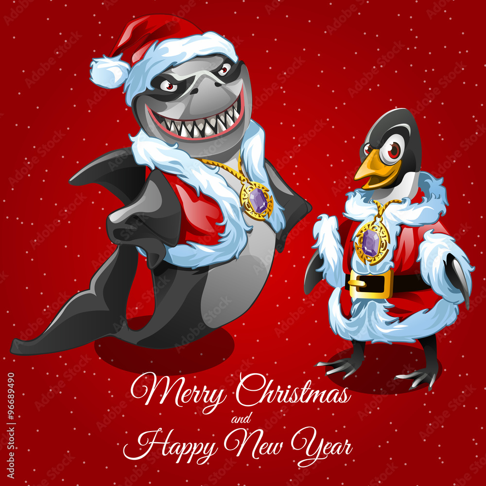 Wishes merry Christmas from sharks Santa and his friend poultry Stock ...