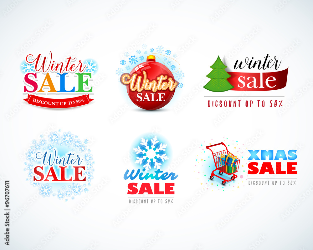 Colorful Winter sale emblems, logo, badges design set. Christmas sale ...