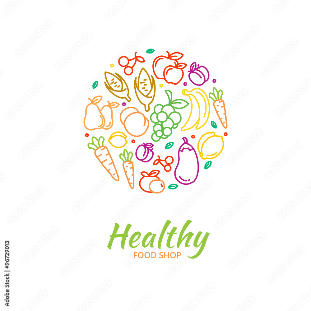 Healthy food store logo with fruit and vegetable icons Stock Vector ...