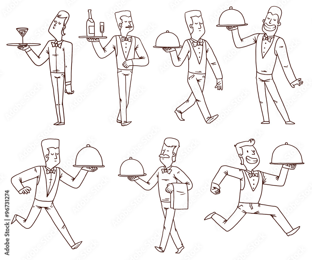 Vector Waiters set, line art. Line cartoon image of seven waiters in ...