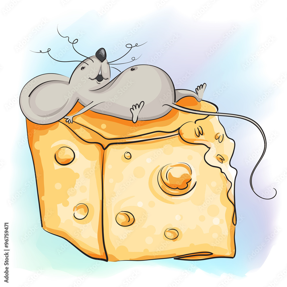 Funny cartoon mouse lies with the cheese Stock Vector | Adobe Stock