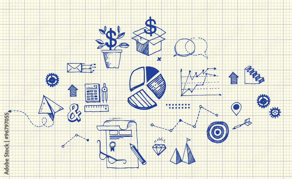 Set of hand drawn doodles with symbols of business and office life ...
